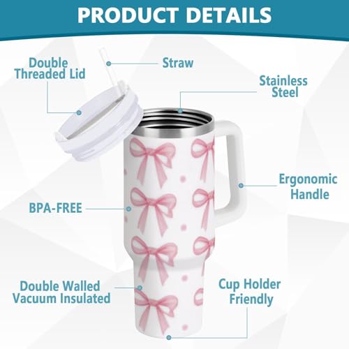 PaChyLuu 40 oz Insulated Tumbler with Handle and Straw Lid, Elegant Bows Leak-Proof Stainless Steel Travel Coffee Mug for Car Cup Holder
