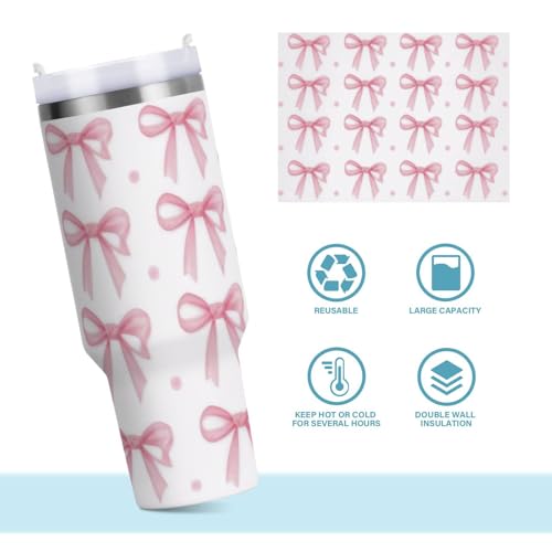 PaChyLuu 40 oz Insulated Tumbler with Handle and Straw Lid, Elegant Bows Leak-Proof Stainless Steel Travel Coffee Mug for Car Cup Holder