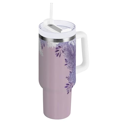 PaChyLuu 40 oz Insulated Tumbler with Handle and Straw Lid, Lilac Flowers Leak-Proof Stainless Steel Travel Coffee Mug for Car Cup Holder
