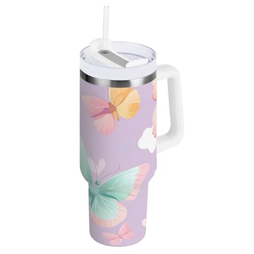 PaChyLuu 30 oz Insulated Tumbler with Handle and Straw Lid, Cute Butterflies Colorful Leak-Proof Stainless Steel Travel Coffee Mug for Car Cup Holder