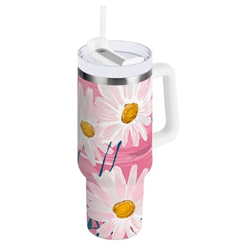 PaChyLuu 30 oz Insulated Tumbler with Handle and Straw Lid, Adorable Daisy Leak-Proof Stainless Steel Travel Coffee Mug for Car Cup Holder