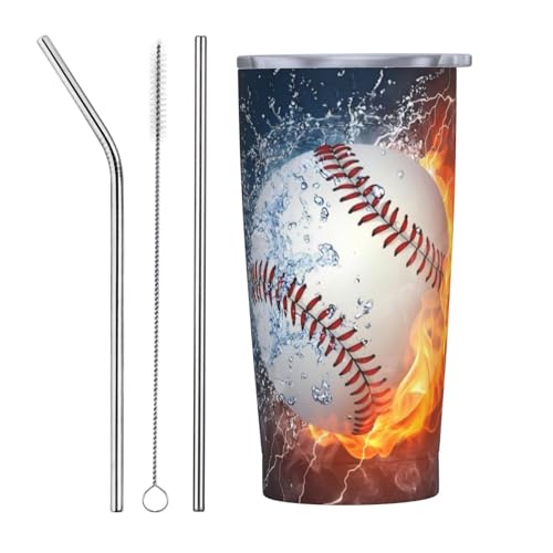 IYERSKD 3D Print Baseball White Ball in Fire and Water 20 oz Stainless Steel Tumbler Vacuum Insulated Leakproof Travel Mug for Car Office Gym