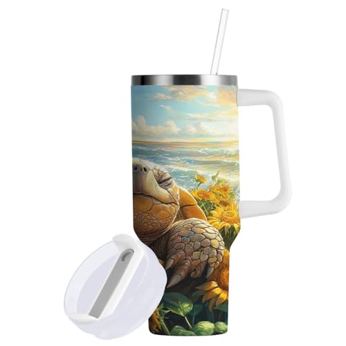 Slewiaeky Tumbler with Handle 40 oz Turtle Ocean Kawaii Travel Mug with Lid and Straw Sunflower Stainless Steel Vacuum Insulated Water Bottle Cup for Iced Tea Coffee Cold Beverages Cup Holder Friendl