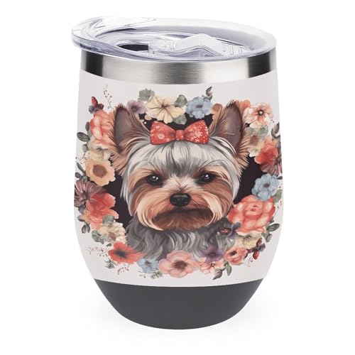WYUSPGK 304 Stainless Steel Insulated Cup, Yorkie Floral Print Smooth Rim, Durable & Reusable - Perfect for Office, Home, And Travel