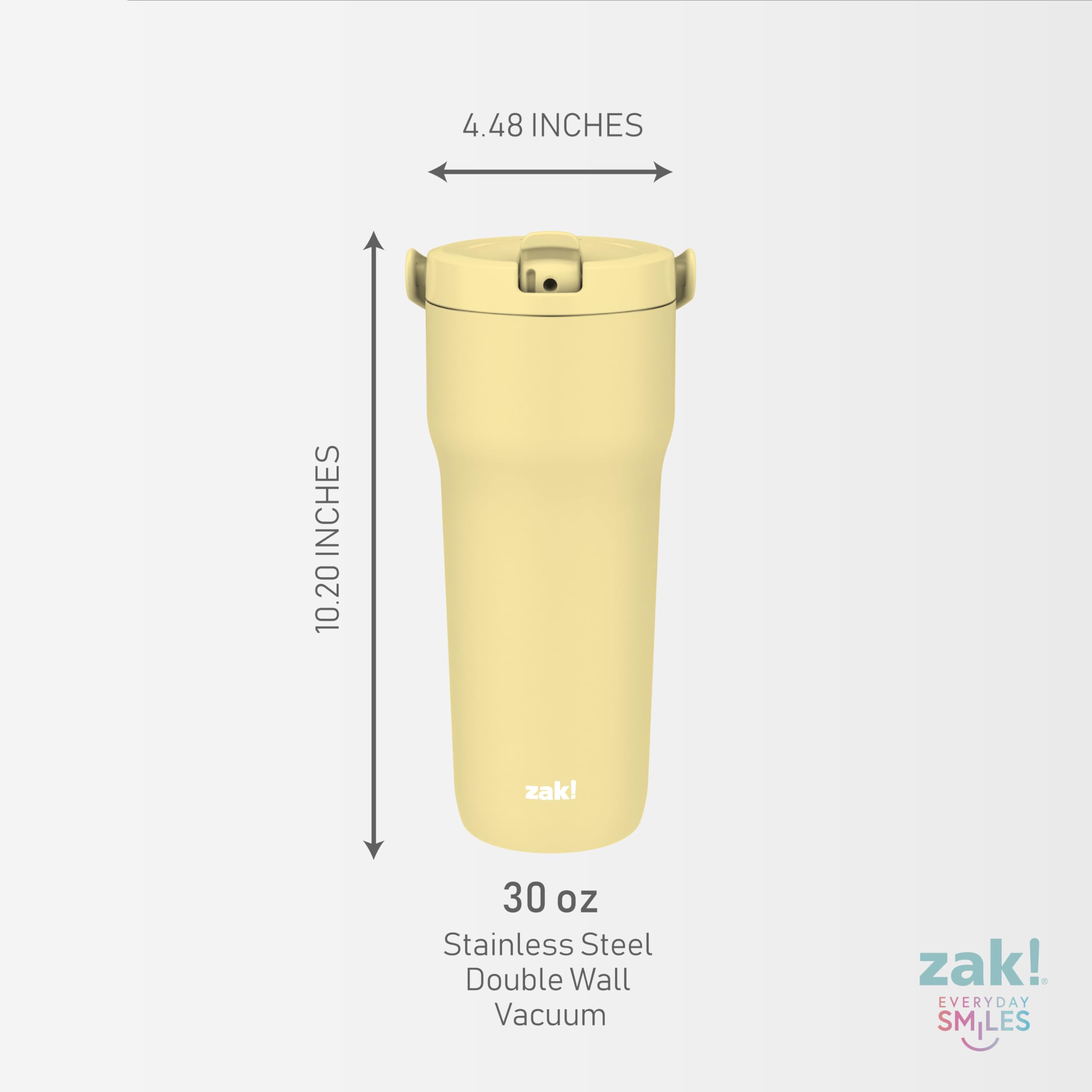 Zak Designs Sutton Travel Tumbler for On the Go, 30oz Stainless Steel with Vacuum Insulation, Straw Spout, Carry Handle for Cold Drinks (Vanilla Yellow)