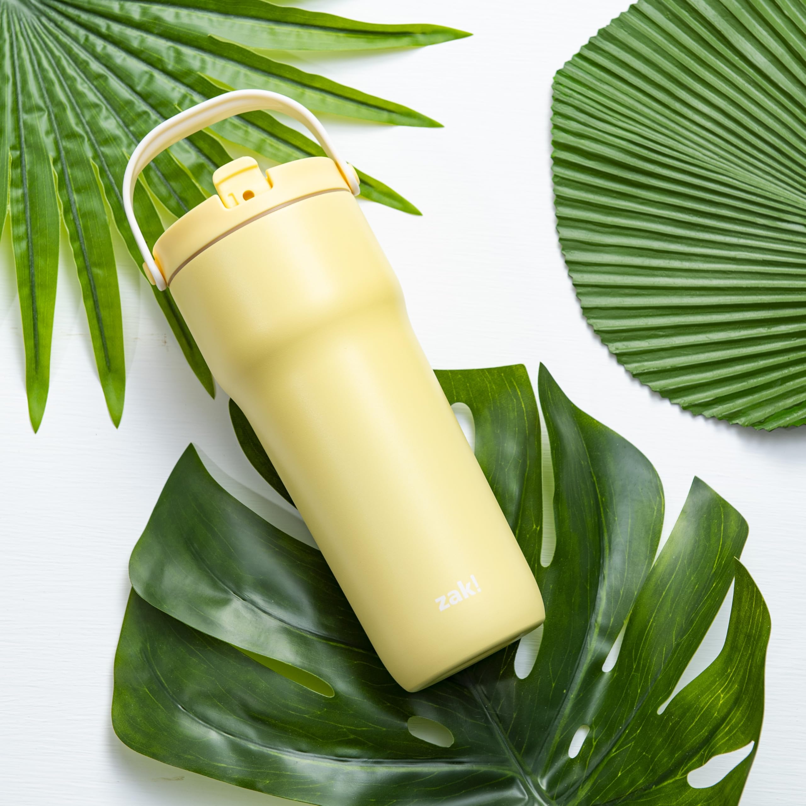 Zak Designs Sutton Travel Tumbler for On the Go, 30oz Stainless Steel with Vacuum Insulation, Straw Spout, Carry Handle for Cold Drinks (Vanilla Yellow)