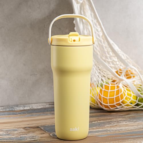 Zak Designs Sutton Travel Tumbler for On the Go, 30oz Stainless Steel with Vacuum Insulation, Straw Spout, Carry Handle for Cold Drinks (Vanilla Yellow)