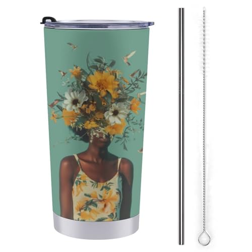LLJEYOU Black Woman Flowers Birds Tumbler Insulated Travel Mug Stainless Steel Travel Tumbler Car Cup with Straw And Brush with Lid 20oz