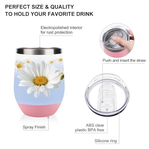WYUSPGK 304 Stainless Steel Insulated Cup, White Daisy Print Smooth Rim, Durable & Reusable - Perfect for Office, Home, And Travel