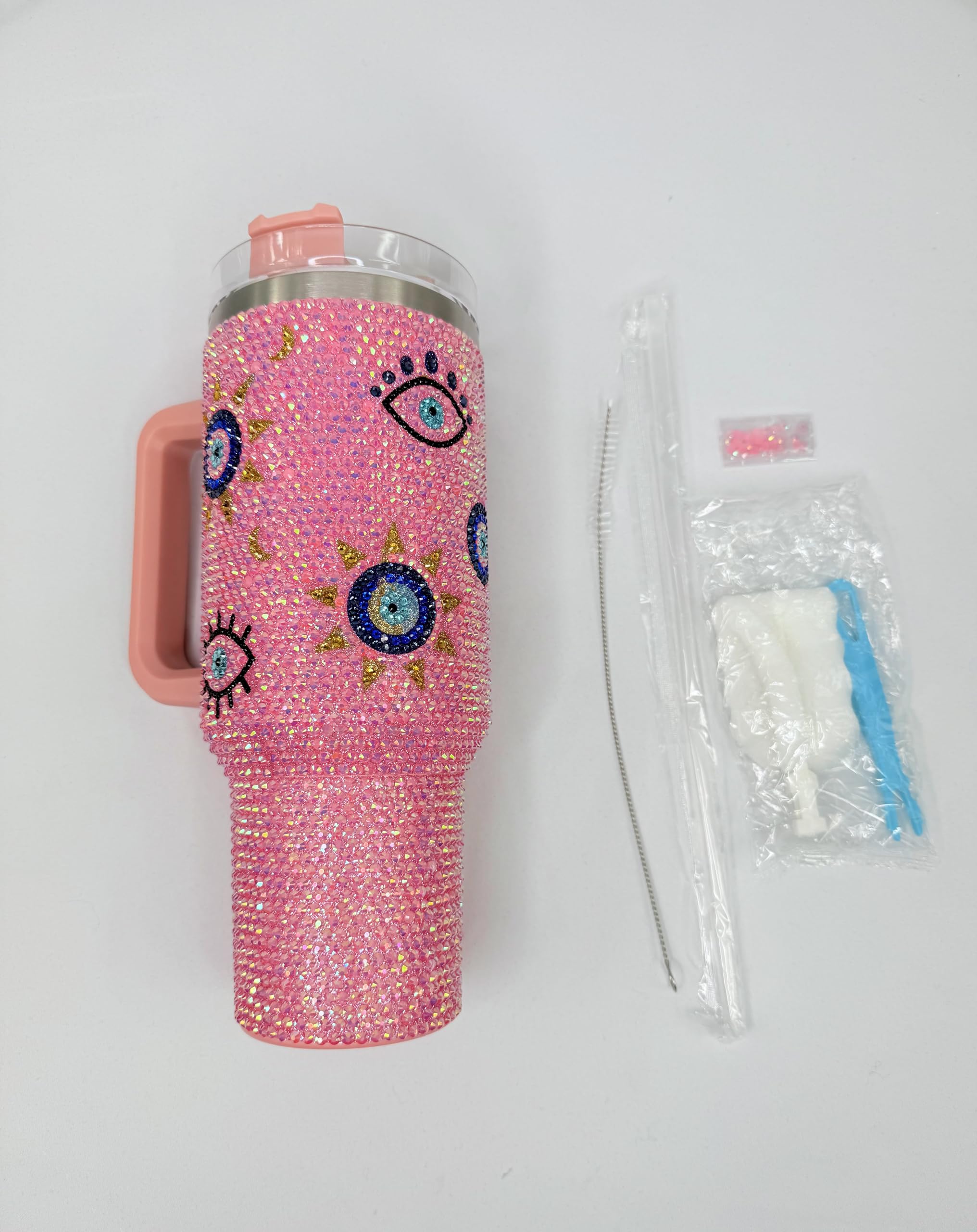 Rhinestone Insulated Tumbler with Handle, 40 oz, Pink with Evil Eye Design, Stainless Steel, Includes Straw and Cleaning Kit