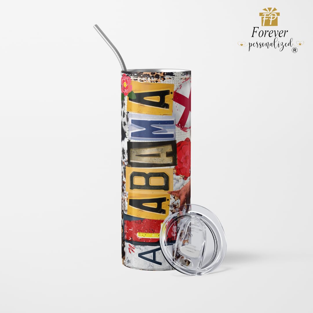 Custom Tumbler with Lid and Straw| All 50 States Tumblers with Name| Stainless Insulated Tumblers| Personalized Gift| Double Wall Coffe Cup for Hot, Cold Drinks (Alabama)