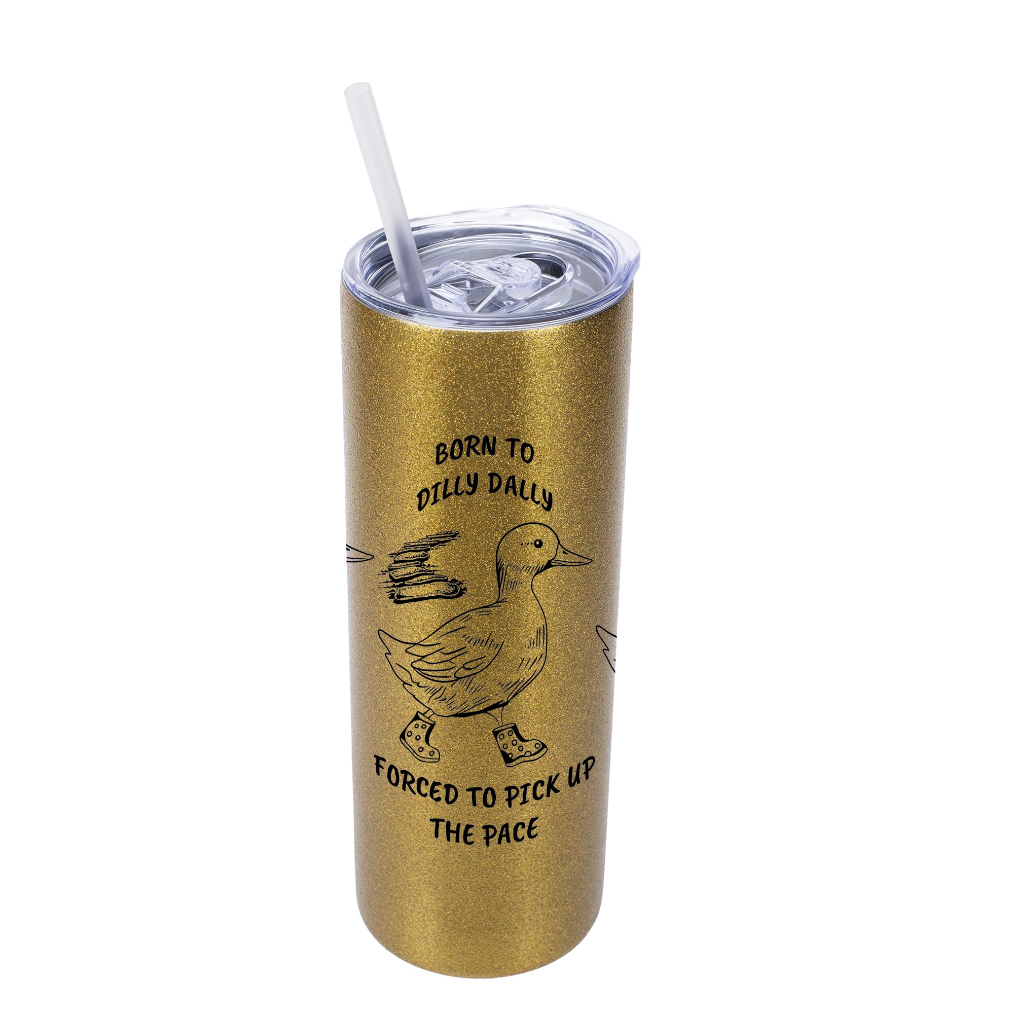 Elanze Designs Born To Dilly Dally Pick Up The Pace 20 Ounce Double-Walled Stainless Steel Insulated Slim Travel Tumbler with Lid and Straw, Vegas Gold