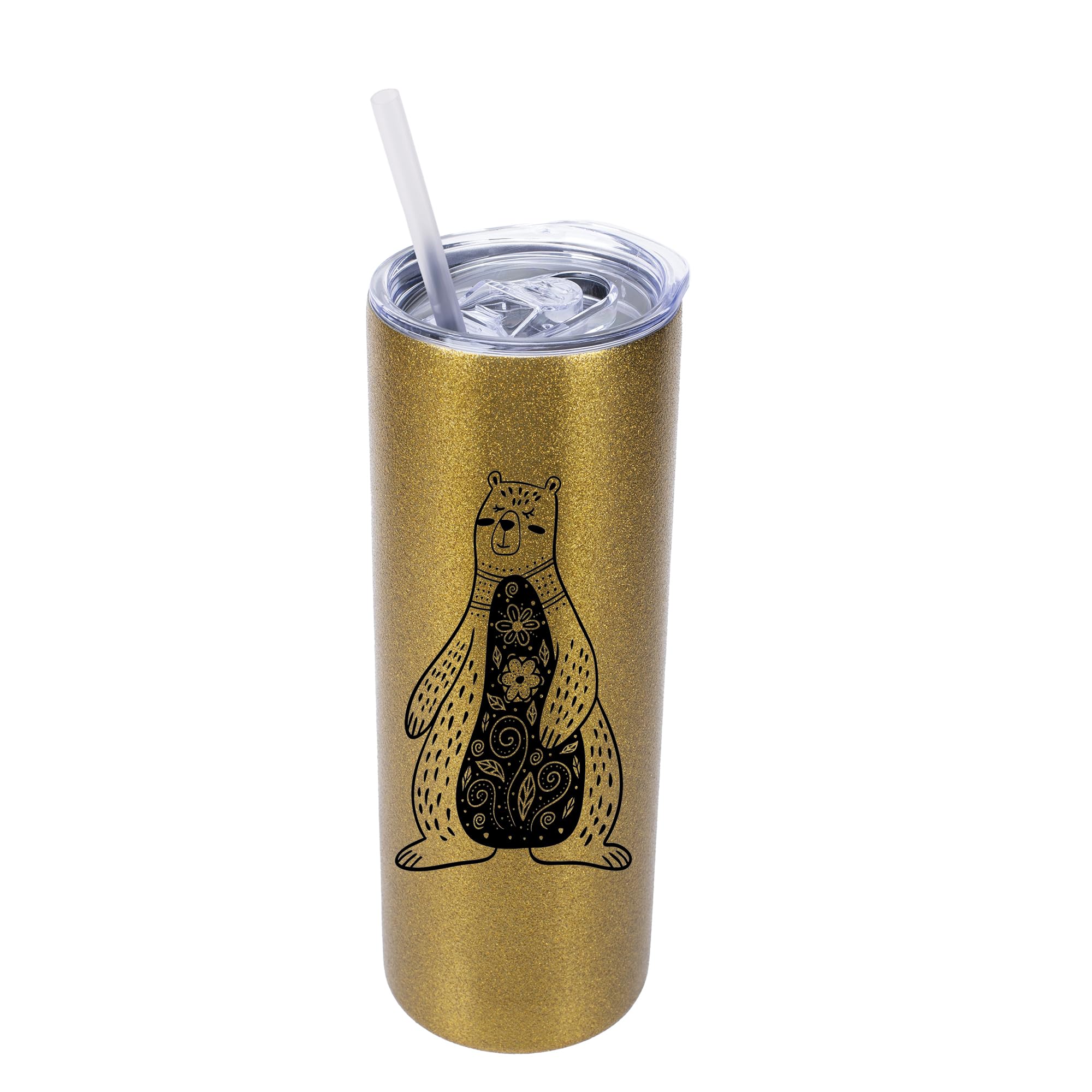 Elanze Designs Whimsical Floral Bear 20 Ounce Double-Walled Stainless Steel Insulated Slim Travel Tumbler with Lid and Straw, Vegas Gold