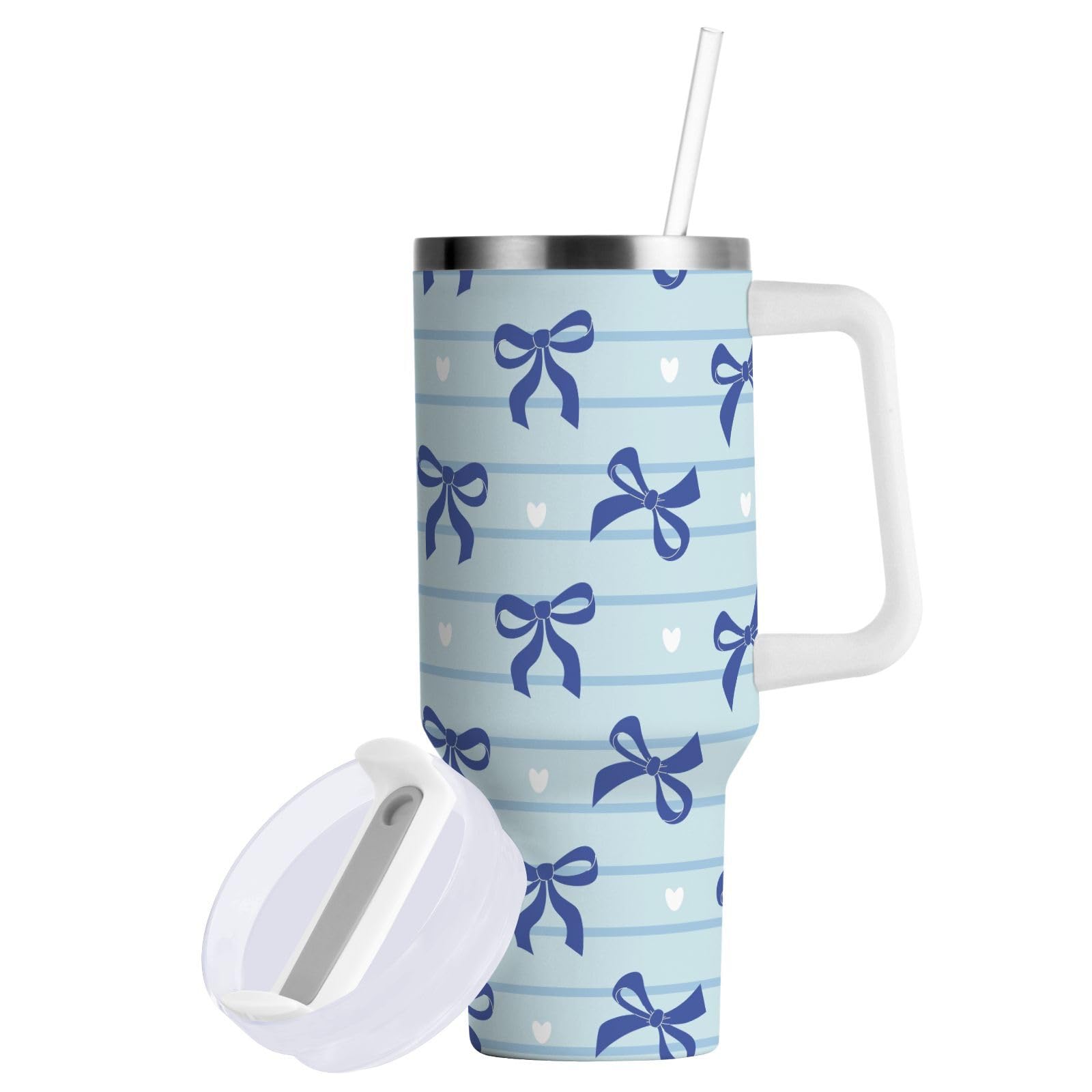 Bseiialft 40 oz Tumbler with Handle Blue Bow Heart Stripe Water Bottle with Lid and Straw Vacuum Insulated Cup Stainless Steel Travel Coffee Mug for Home Office Car