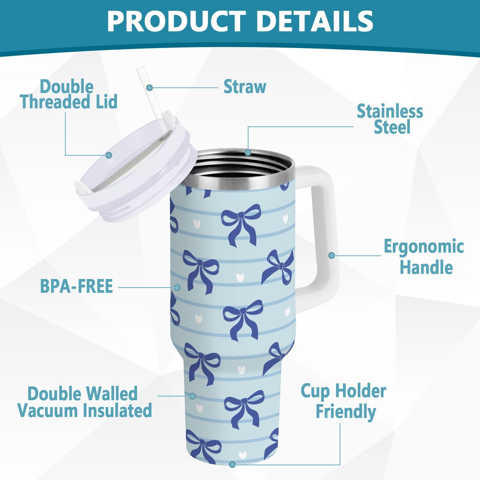 Bseiialft 40 oz Tumbler with Handle Blue Bow Heart Stripe Water Bottle with Lid and Straw Vacuum Insulated Cup Stainless Steel Travel Coffee Mug for Home Office Car