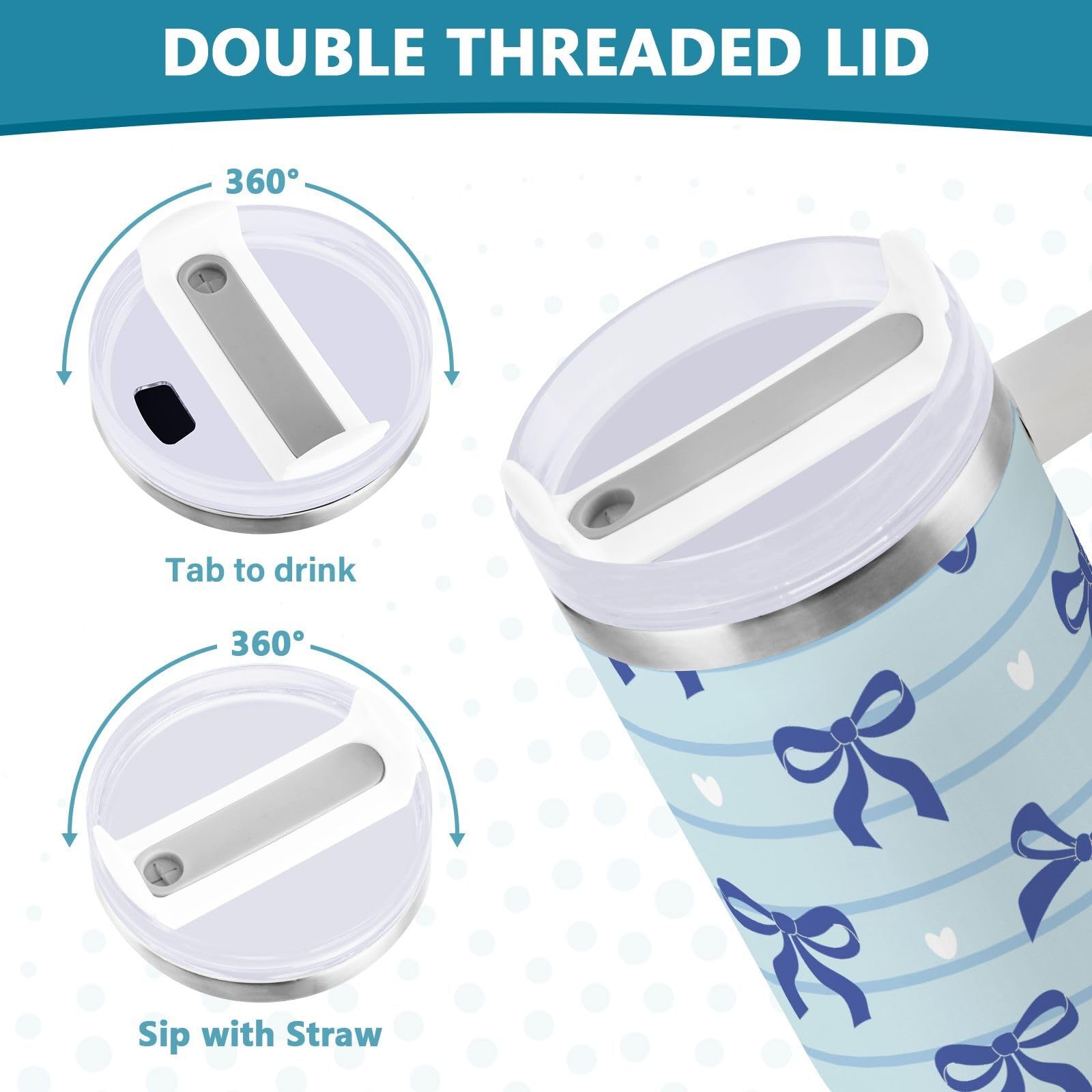 Bseiialft 40 oz Tumbler with Handle Blue Bow Heart Stripe Water Bottle with Lid and Straw Vacuum Insulated Cup Stainless Steel Travel Coffee Mug for Home Office Car