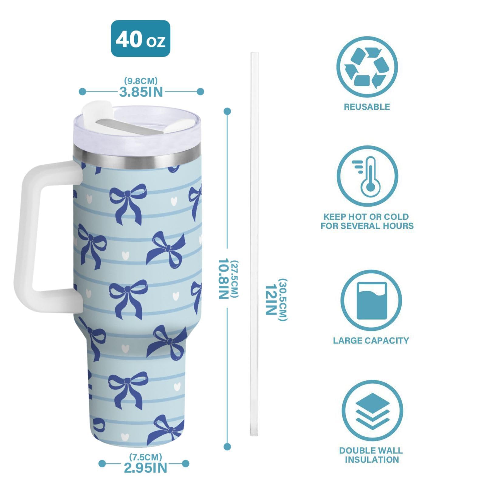 Bseiialft 40 oz Tumbler with Handle Blue Bow Heart Stripe Water Bottle with Lid and Straw Vacuum Insulated Cup Stainless Steel Travel Coffee Mug for Home Office Car