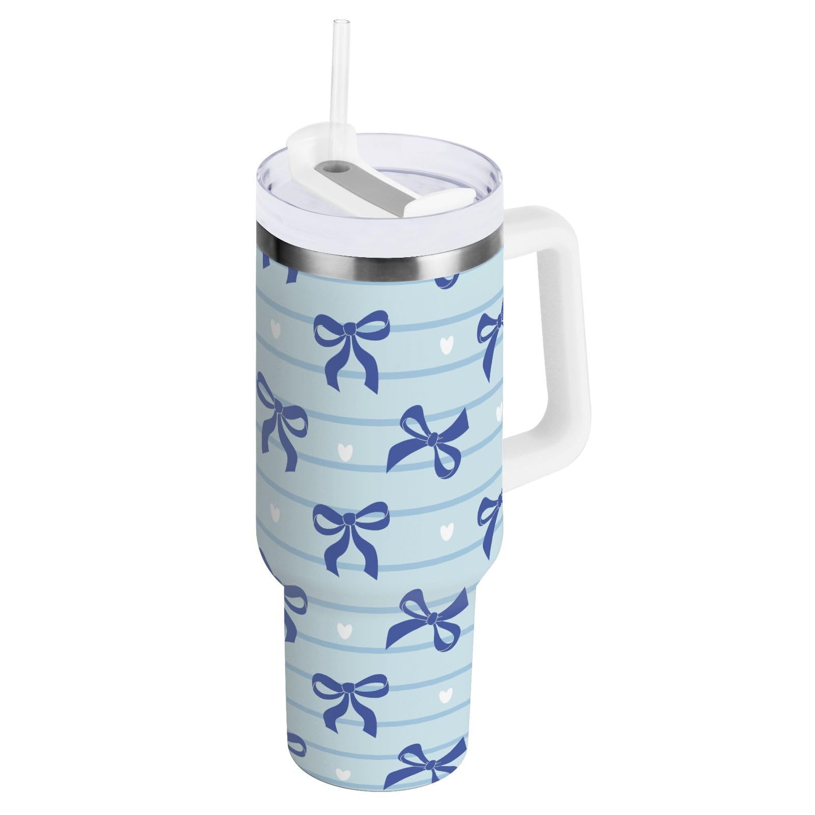 Bseiialft 40 oz Tumbler with Handle Blue Bow Heart Stripe Water Bottle with Lid and Straw Vacuum Insulated Cup Stainless Steel Travel Coffee Mug for Home Office Car