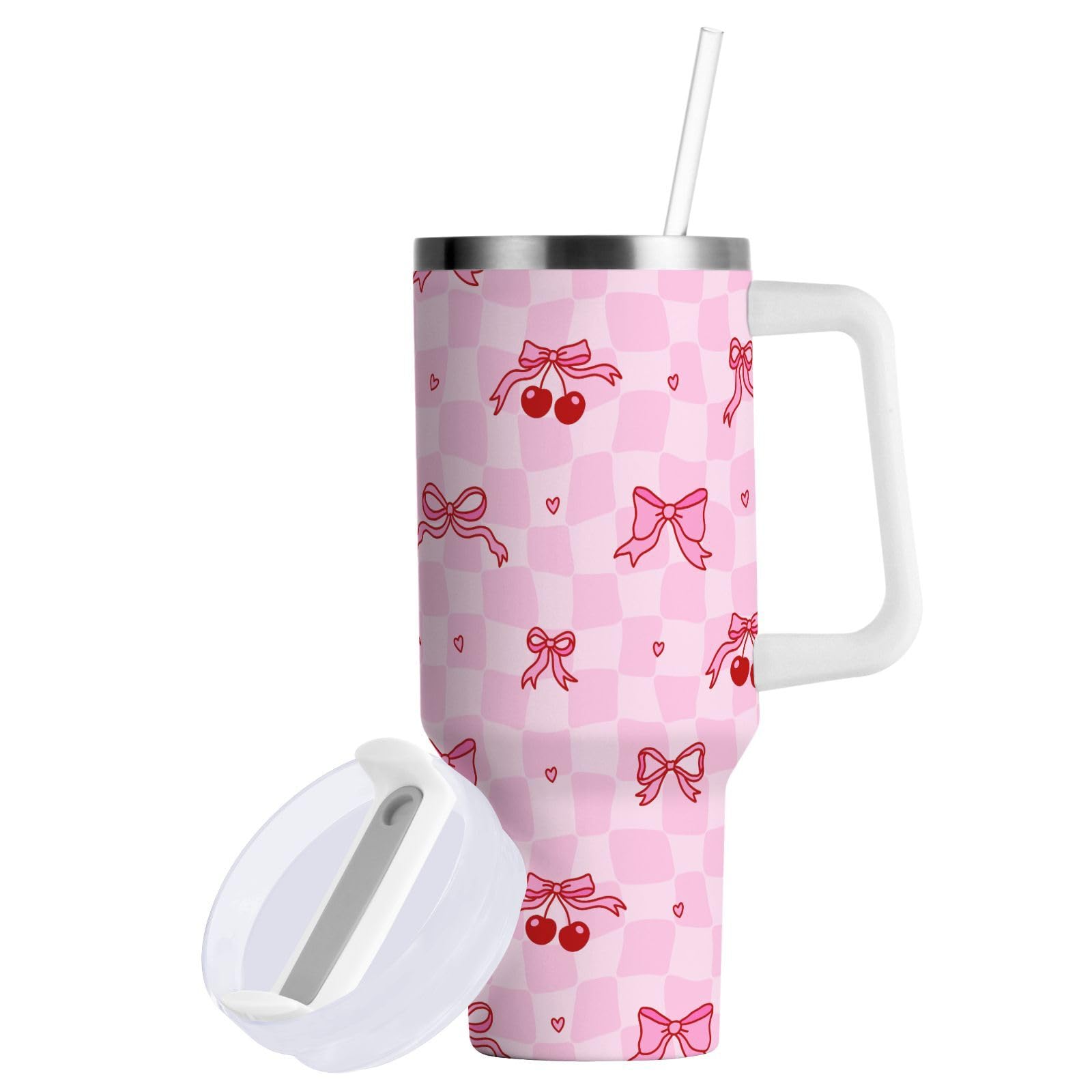 Bseiialft 40 oz Tumbler with Handle Pink Bow Cherry Heart Check Water Bottle with Lid and Straw Vacuum Insulated Cup Stainless Steel Travel Coffee Mug for Home Office Car