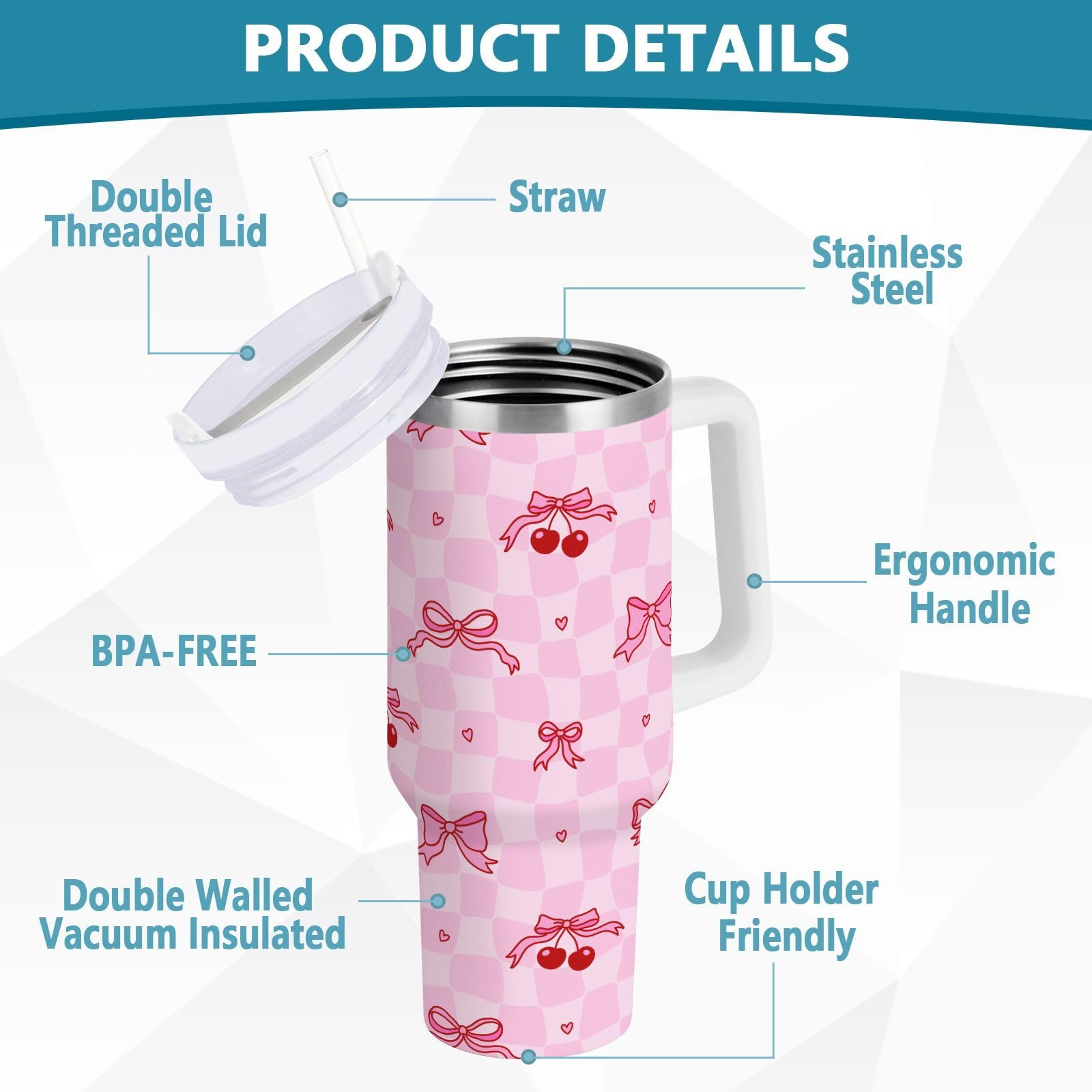 Bseiialft 40 oz Tumbler with Handle Pink Bow Cherry Heart Check Water Bottle with Lid and Straw Vacuum Insulated Cup Stainless Steel Travel Coffee Mug for Home Office Car