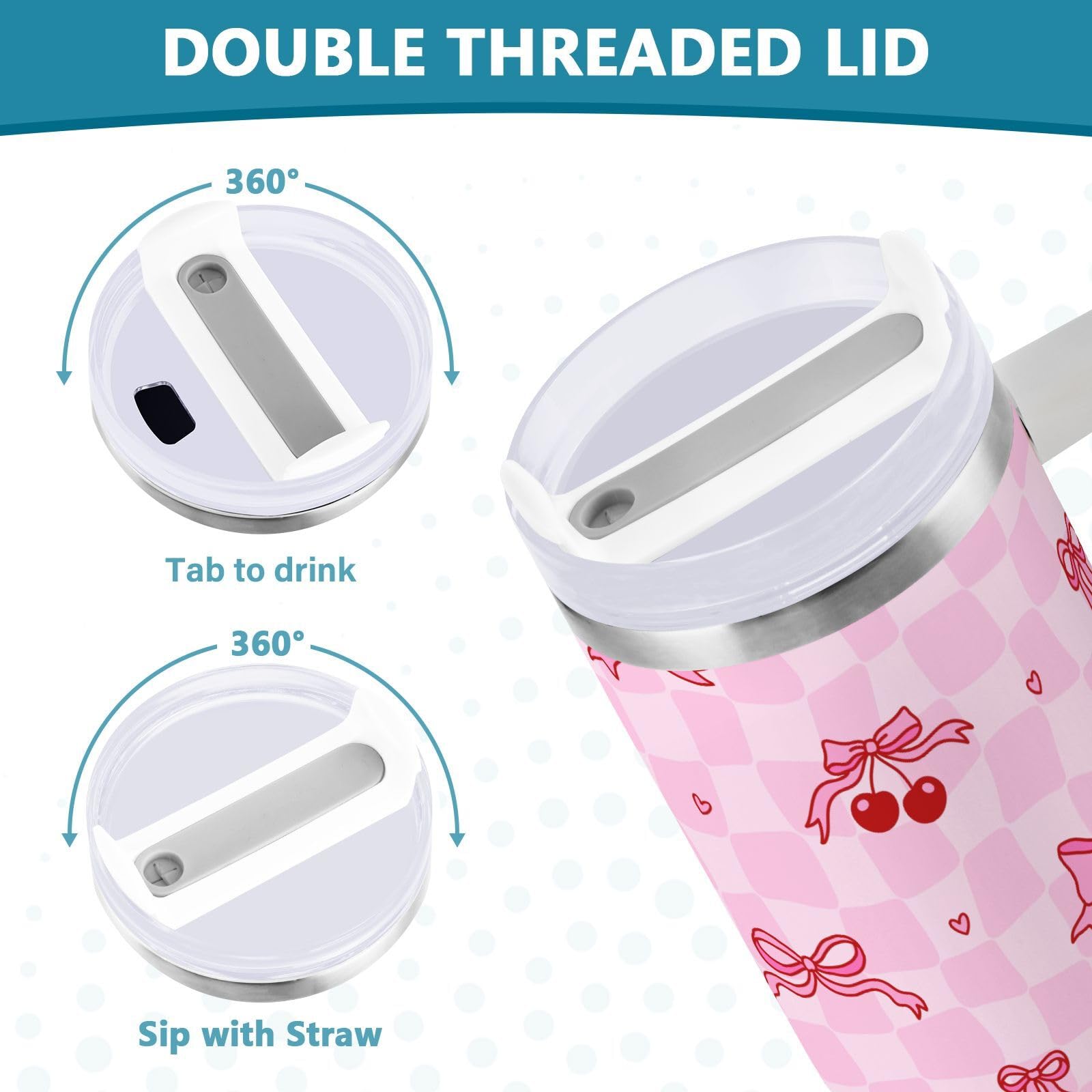 Bseiialft 40 oz Tumbler with Handle Pink Bow Cherry Heart Check Water Bottle with Lid and Straw Vacuum Insulated Cup Stainless Steel Travel Coffee Mug for Home Office Car