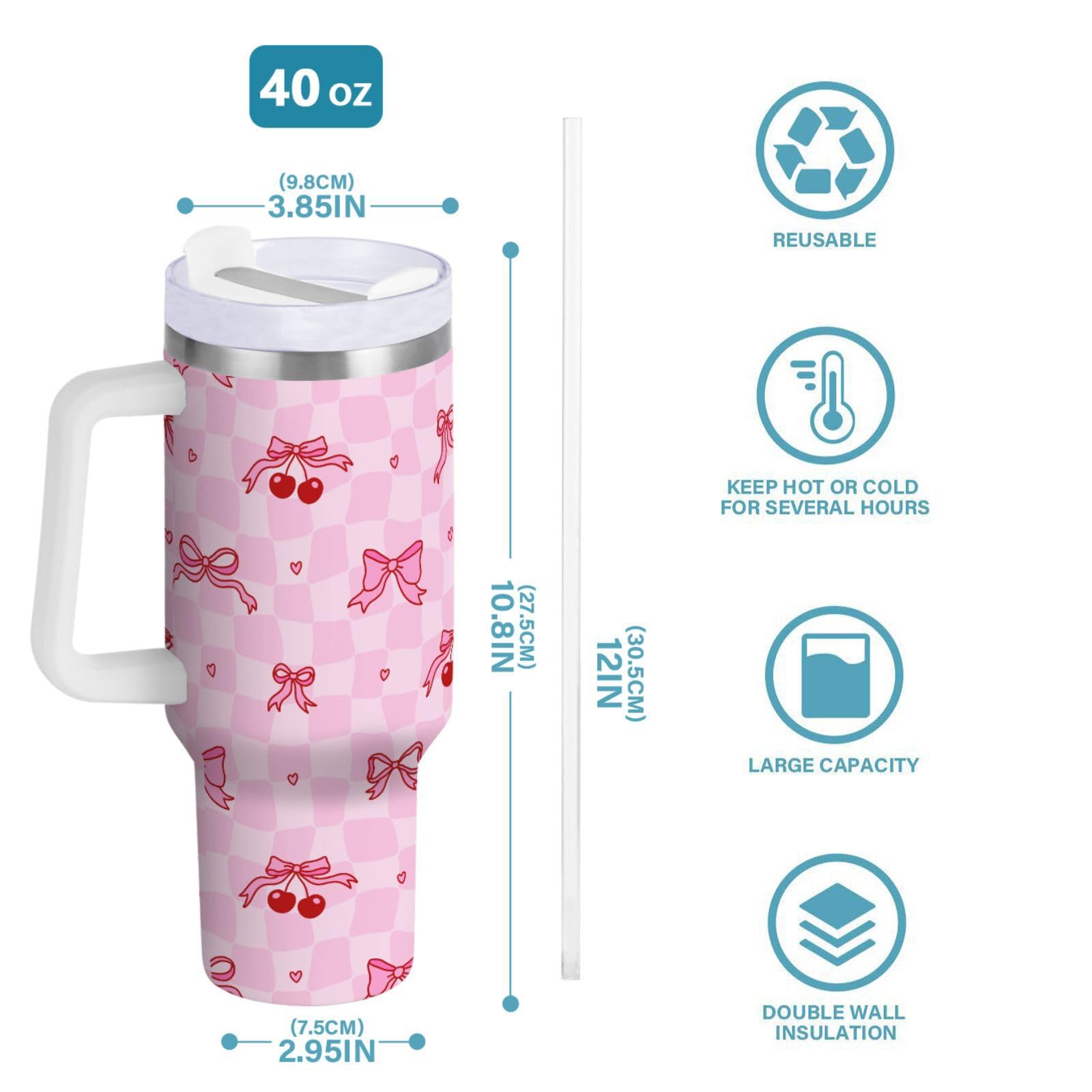 Bseiialft 40 oz Tumbler with Handle Pink Bow Cherry Heart Check Water Bottle with Lid and Straw Vacuum Insulated Cup Stainless Steel Travel Coffee Mug for Home Office Car