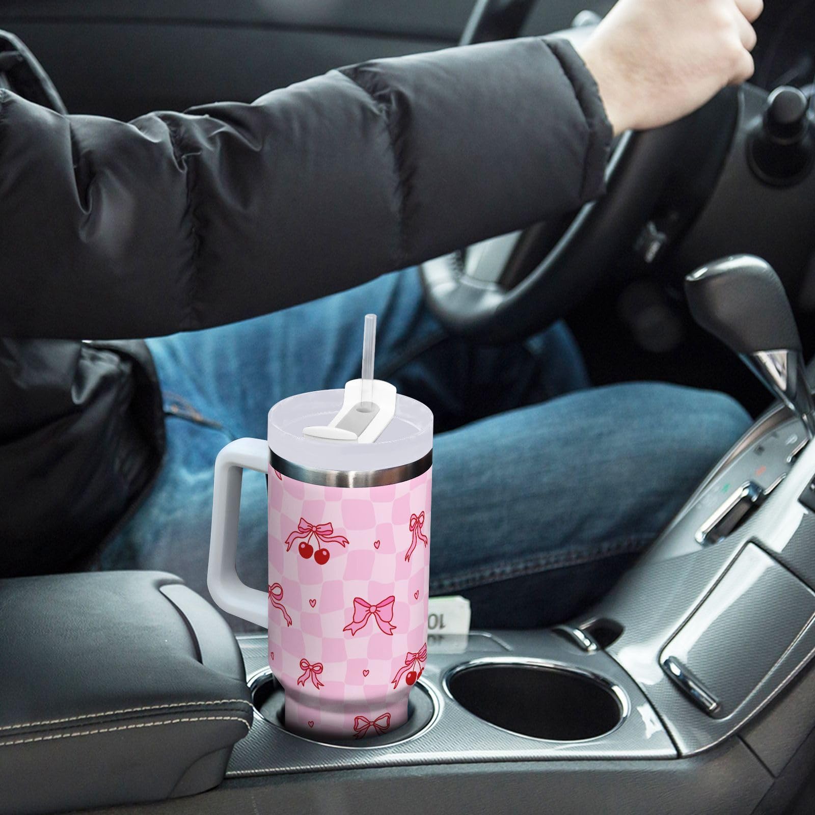 Bseiialft 40 oz Tumbler with Handle Pink Bow Cherry Heart Check Water Bottle with Lid and Straw Vacuum Insulated Cup Stainless Steel Travel Coffee Mug for Home Office Car