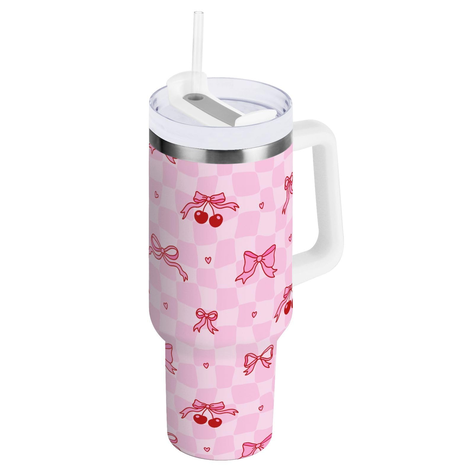 Bseiialft 40 oz Tumbler with Handle Pink Bow Cherry Heart Check Water Bottle with Lid and Straw Vacuum Insulated Cup Stainless Steel Travel Coffee Mug for Home Office Car