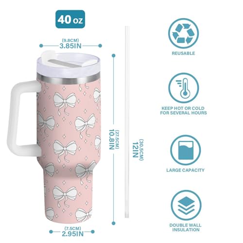 Bseiialft 40 oz Tumbler with Handle White Bow Star Pink Water Bottle with Lid and Straw Vacuum Insulated Cup Stainless Steel Travel Coffee Mug for Home Office Car
