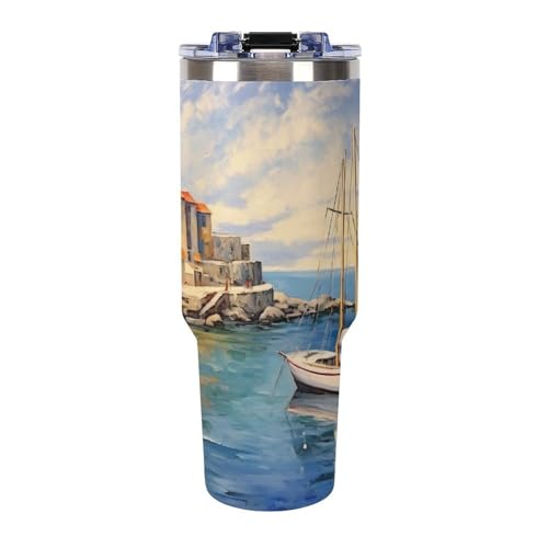 40 Oz Romantic Entitled Seaport Insulated Stainless Steel Tumbler with Handle & Straw Lid, Reusable Travel Cupholder Friendly Mug for Coffee, Water, Tea