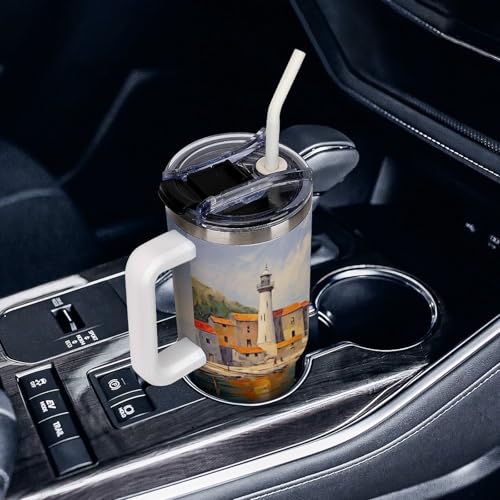 40 Oz Romantic Entitled Seaport Insulated Stainless Steel Tumbler with Handle & Straw Lid, Reusable Travel Cupholder Friendly Mug for Coffee, Water, Tea