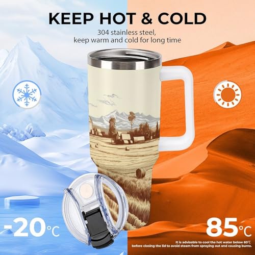 40 Oz Farmer with Bales Insulated Stainless Steel Tumbler with Handle & Straw Lid, Reusable Travel Cupholder Friendly Mug for Coffee, Water, Tea
