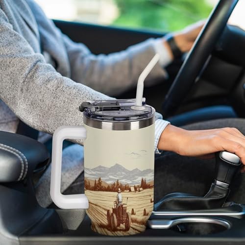40 Oz Farmer with Bales Insulated Stainless Steel Tumbler with Handle & Straw Lid, Reusable Travel Cupholder Friendly Mug for Coffee, Water, Tea