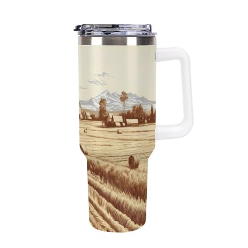 40 Oz Farmer with Bales Insulated Stainless Steel Tumbler with Handle & Straw Lid, Reusable Travel Cupholder Friendly Mug for Coffee, Water, Tea