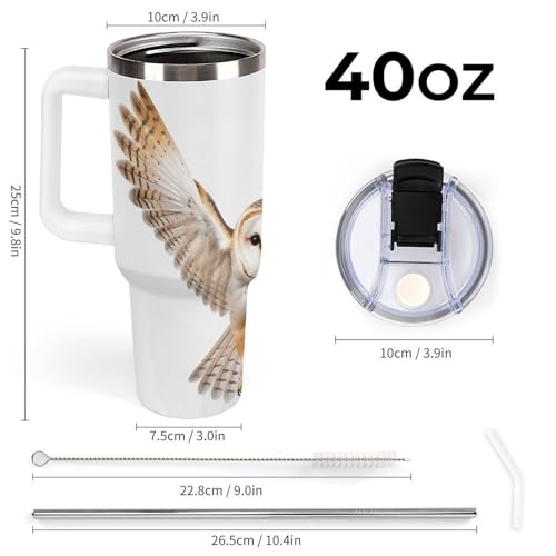 LLUTSNTH 40 Oz Vacuum Tumbler with White Handle Leakproof Insulated Tumbler A Barn Owl Stainless Steel Travel Mug with Lid And Straw Coffee Cup Cute Water Bottles Cup Holder Friendly