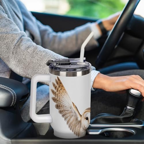 LLUTSNTH 40 Oz Vacuum Tumbler with White Handle Leakproof Insulated Tumbler A Barn Owl Stainless Steel Travel Mug with Lid And Straw Coffee Cup Cute Water Bottles Cup Holder Friendly