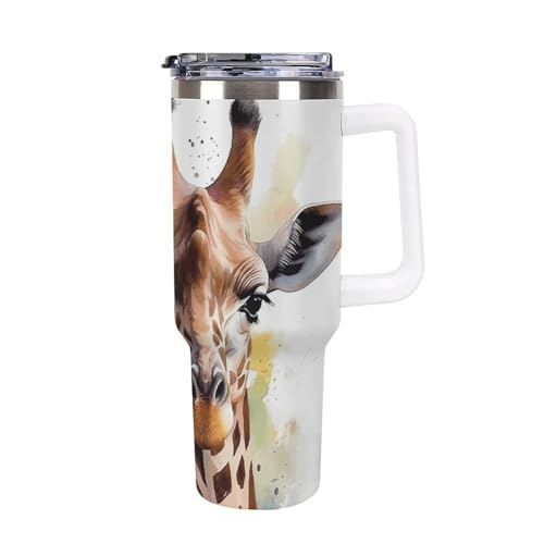 LLUTSNTH 40 Oz Vacuum Tumbler with White Handle Leakproof Insulated Tumbler Watercolor Deer Giraffe Stainless Steel Travel Mug with Lid And Straw Coffee Cup Cute Water Bottles Cup Holder Friendly