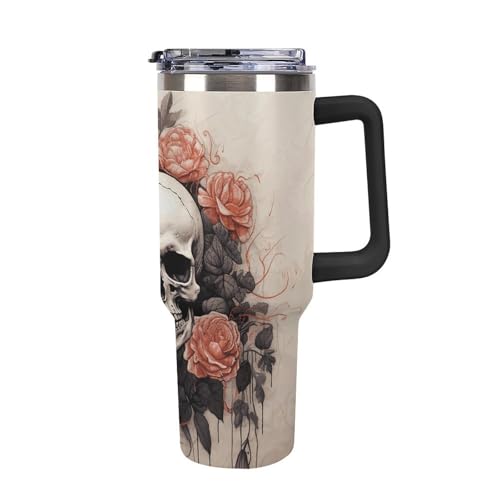 LLUTSNTH 40 Oz Vacuum Tumbler with Black Handle Leakproof Insulated Tumbler Ancient Skull And Flowers Stainless Steel Travel Mug with Lid And Straw Coffee Cup Cute Water Bottles Cup Holder Friendly