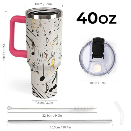 LLUTSNTH 40 Oz Vacuum Tumbler with Light Rose Red Handle Leakproof Insulated Tumbler Music Notes Print Stainless Steel Travel Mug with Lid And Straw Coffee Cup Cute Water Bottles Cup Holder Friendly