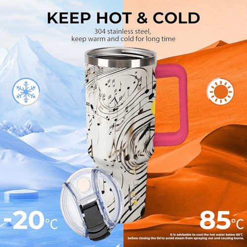 LLUTSNTH 40 Oz Vacuum Tumbler with Light Rose Red Handle Leakproof Insulated Tumbler Music Notes Print Stainless Steel Travel Mug with Lid And Straw Coffee Cup Cute Water Bottles Cup Holder Friendly