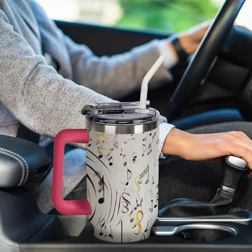 LLUTSNTH 40 Oz Vacuum Tumbler with Light Rose Red Handle Leakproof Insulated Tumbler Music Notes Print Stainless Steel Travel Mug with Lid And Straw Coffee Cup Cute Water Bottles Cup Holder Friendly