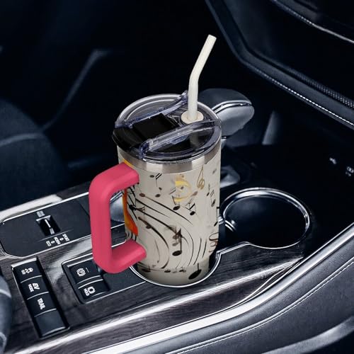 LLUTSNTH 40 Oz Vacuum Tumbler with Light Rose Red Handle Leakproof Insulated Tumbler Music Notes Print Stainless Steel Travel Mug with Lid And Straw Coffee Cup Cute Water Bottles Cup Holder Friendly
