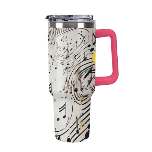 LLUTSNTH 40 Oz Vacuum Tumbler with Light Rose Red Handle Leakproof Insulated Tumbler Music Notes Print Stainless Steel Travel Mug with Lid And Straw Coffee Cup Cute Water Bottles Cup Holder Friendly