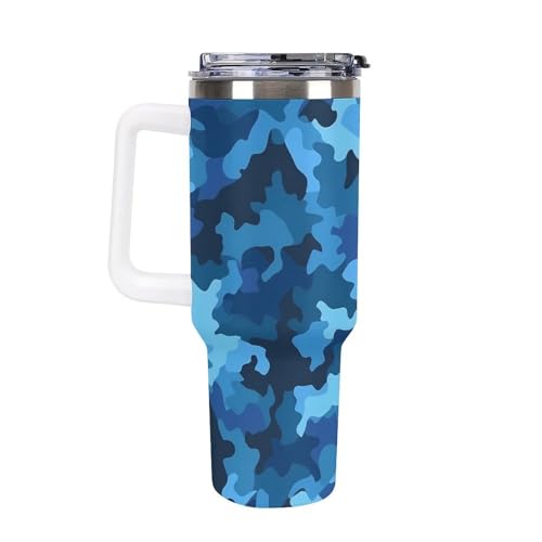 LLUTSNTH 40 Oz Vacuum Tumbler with White Handle Leakproof Insulated Tumbler Blue Camo Stainless Steel Travel Mug with Lid And Straw Coffee Cup Cute Water Bottles Cup Holder Friendly