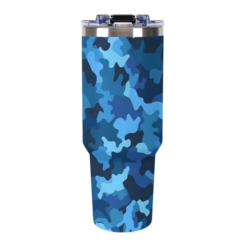 LLUTSNTH 40 Oz Vacuum Tumbler with White Handle Leakproof Insulated Tumbler Blue Camo Stainless Steel Travel Mug with Lid And Straw Coffee Cup Cute Water Bottles Cup Holder Friendly