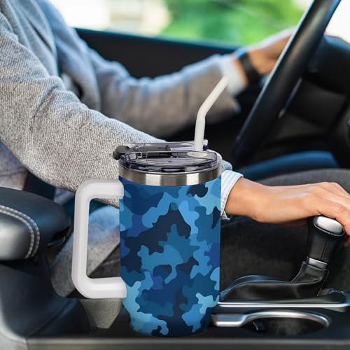 LLUTSNTH 40 Oz Vacuum Tumbler with White Handle Leakproof Insulated Tumbler Blue Camo Stainless Steel Travel Mug with Lid And Straw Coffee Cup Cute Water Bottles Cup Holder Friendly