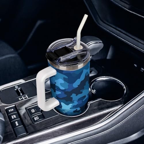 LLUTSNTH 40 Oz Vacuum Tumbler with White Handle Leakproof Insulated Tumbler Blue Camo Stainless Steel Travel Mug with Lid And Straw Coffee Cup Cute Water Bottles Cup Holder Friendly