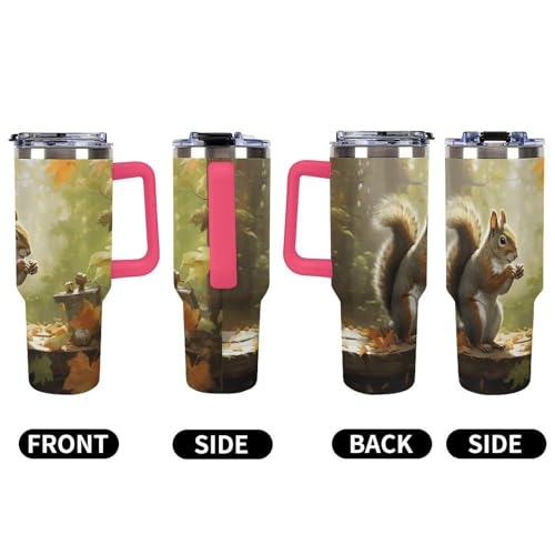 LLUTSNTH 40 Oz Vacuum Tumbler with Light Rose Red Handle Leakproof Insulated Tumbler Squirrel Eats Nuts Stainless Steel Travel Mug with Lid And Straw Coffee Cup Cute Water Bottles Cup Holder Friendly