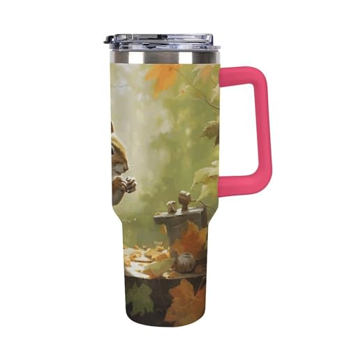 LLUTSNTH 40 Oz Vacuum Tumbler with Light Rose Red Handle Leakproof Insulated Tumbler Squirrel Eats Nuts Stainless Steel Travel Mug with Lid And Straw Coffee Cup Cute Water Bottles Cup Holder Friendly