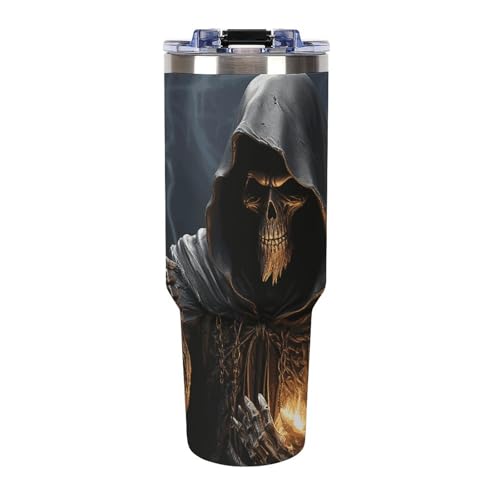 LLUTSNTH 40 Oz Vacuum Tumbler with Black Handle Leakproof Insulated Tumbler Grim-Reaper Stainless Steel Travel Mug with Lid And Straw Coffee Cup Cute Water Bottles Cup Holder Friendly